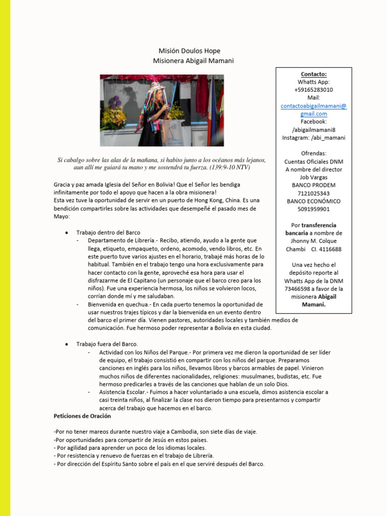 Reporte Mes de Mayo - Misión Doulos Hope | PDF