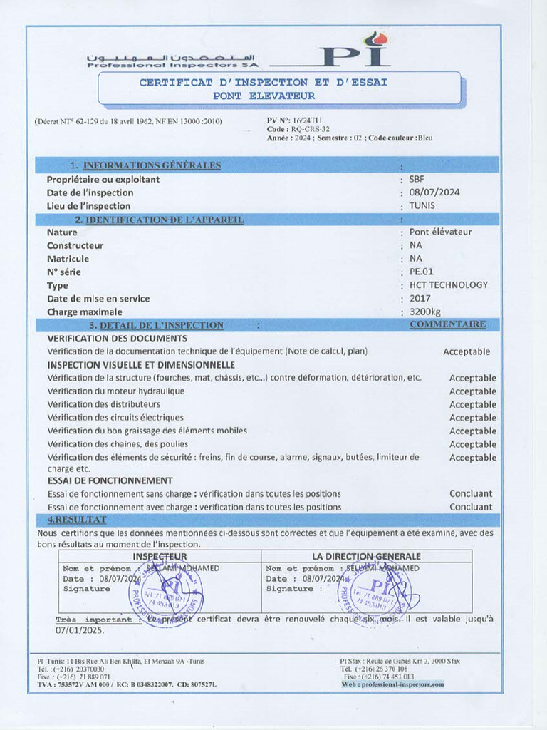CERTIFICAT ET RAPPORT PE.01 | PDF