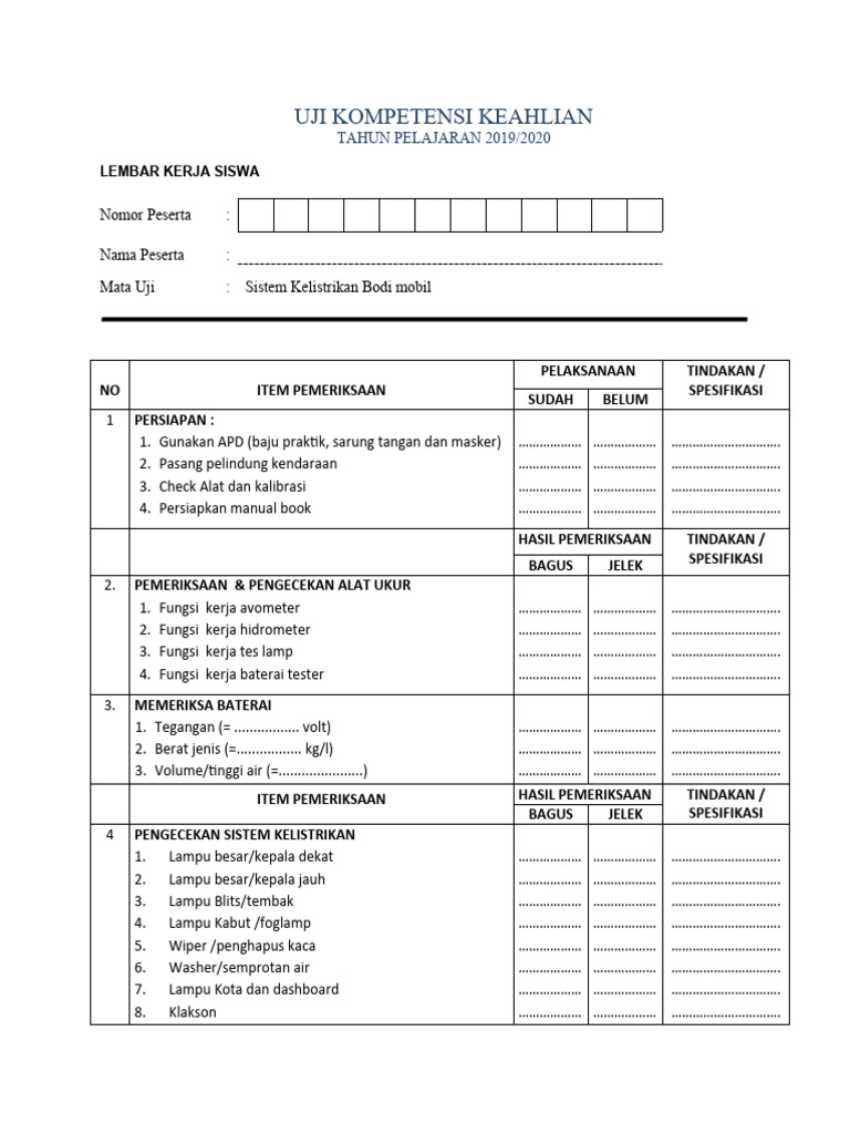 Lembar Kerja Sistem Kelistrikan Bodi | PDF