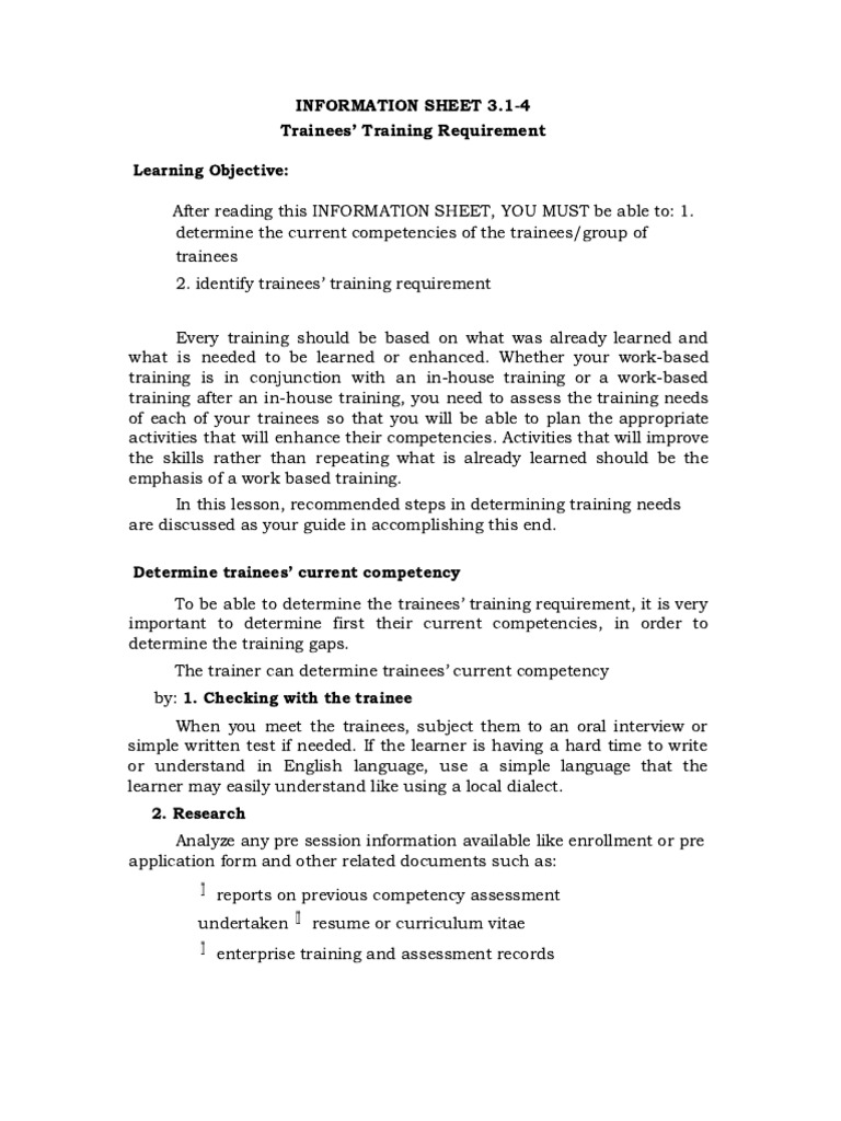 Information Sheet 3.1-4 Trainees Training Requirements | PDF | Plumbing ...