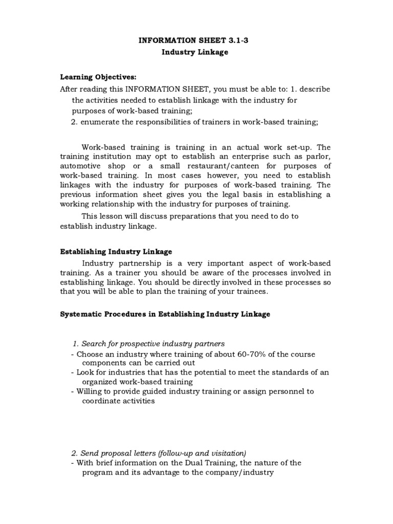 Information Sheet 3.1-3 Industry Linkage | PDF | Vocational Education ...