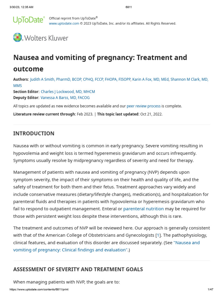 Nausea and Vomiting of Pregnancy: Treatment and Outcome: Authors ...