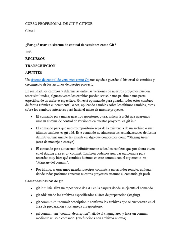 CURSO PROFESIONAL DE GIT Y GITHUB Claas 1 | PDF | Control de versiones ...