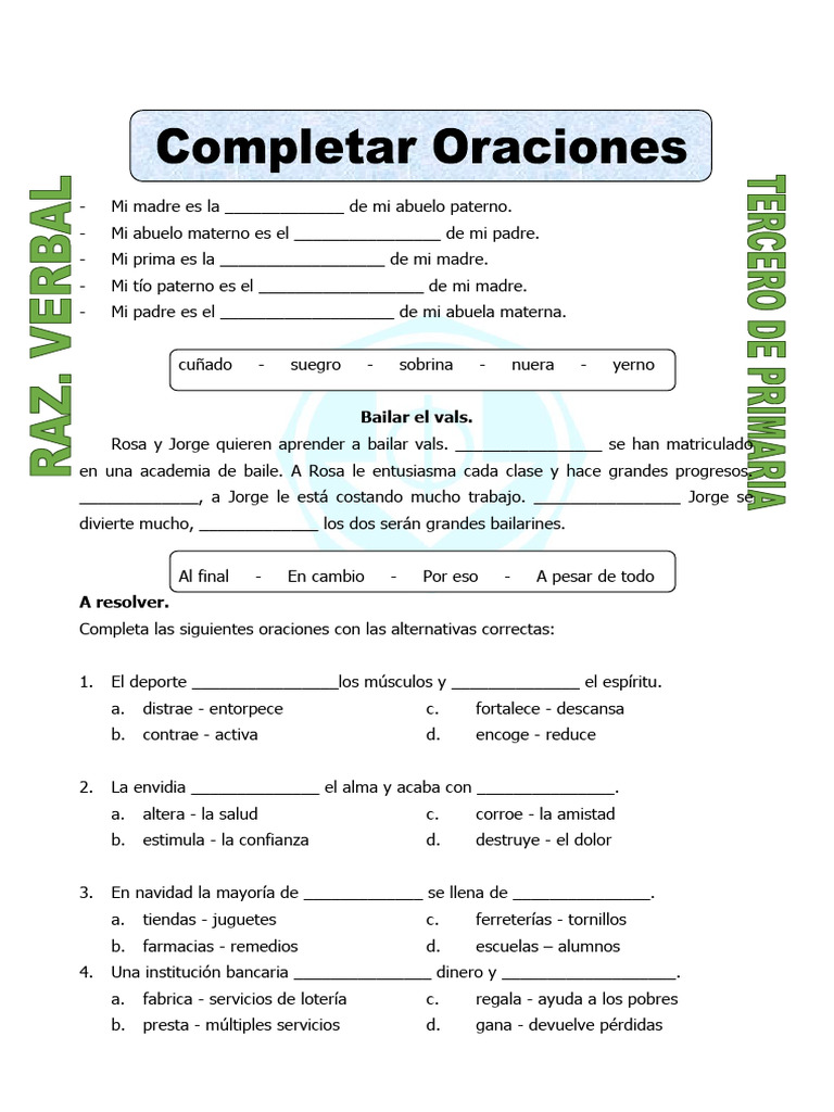 Ficha Completar Oraciones para Tercero de Primaria | PDF