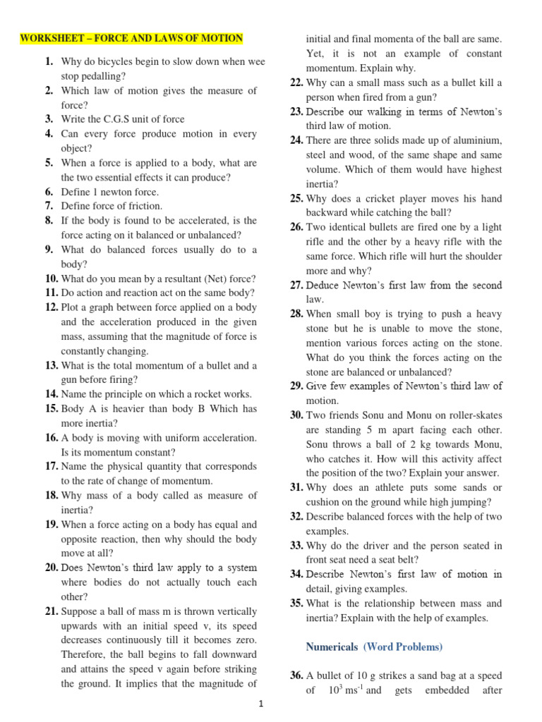 WORKSHEET - Force & Laws of Motion | PDF | Force | Newton's Laws Of Motion