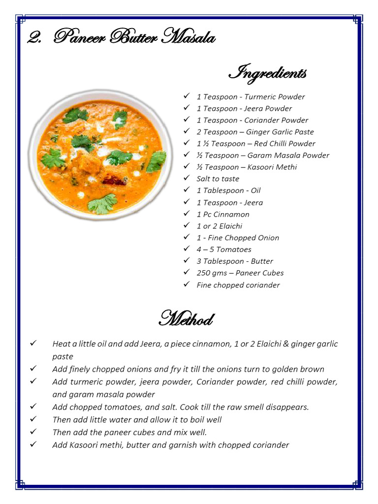 Paneer Butter Masala Recipe | PDF