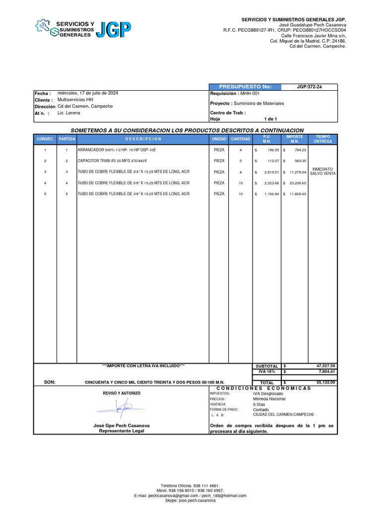 Cotizacion para Aires Acondicionados JGP 372-24 MHH | PDF