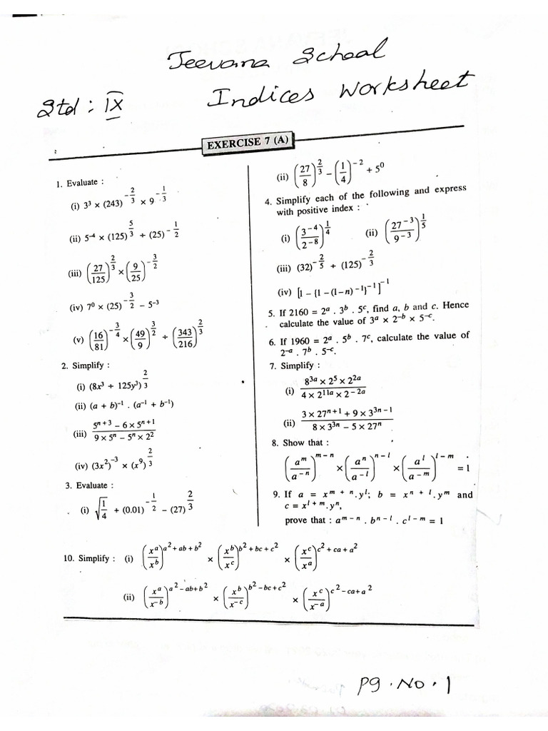STD - Ix, Worksheets On Indices and Simultaneous Linear Equations | PDF