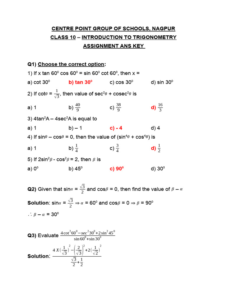 CL 10 - LP6 - Trig - Assignt Anskey | PDF | Elementary Mathematics | Mathematical Objects
