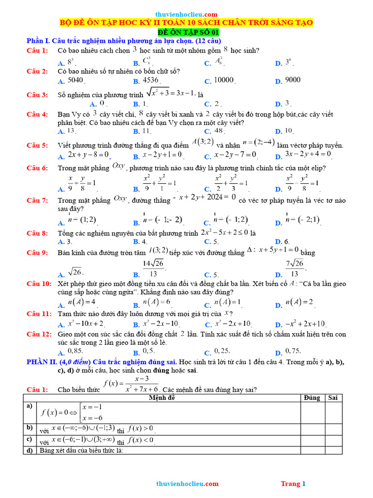 10 de On Tap HK2 Toan 10 CTST Cau Truc Moi | PDF