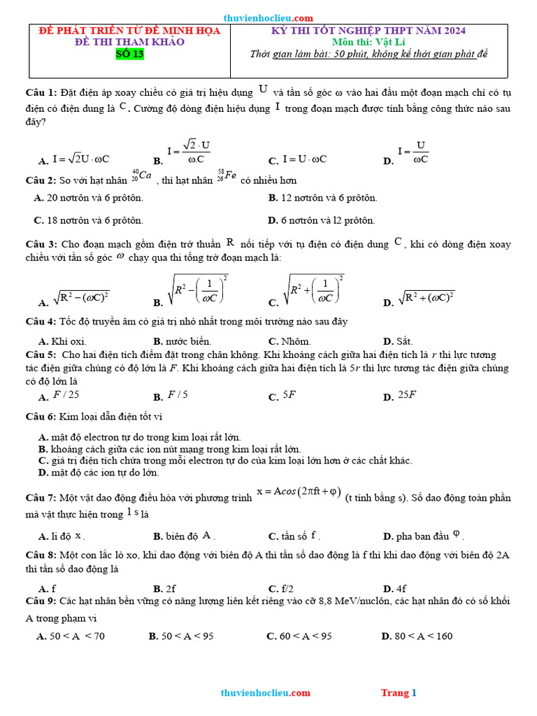 thuvienhoclieu.com-De-thi-thu-TN-THPT-2024-Vat-li-phat-trien-tu-de-minh-hoa-De-13 | PDF