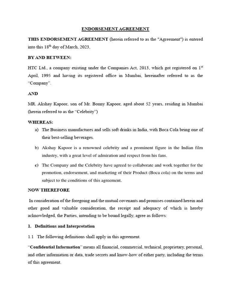 Endorsement Agreement | PDF | Indemnity | Arbitration