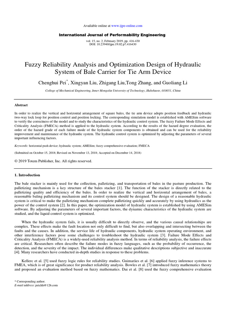 Fuzzy Reliability Analysis and Optimization Design of Hydraulic System of Bale Carrier For Tie ...
