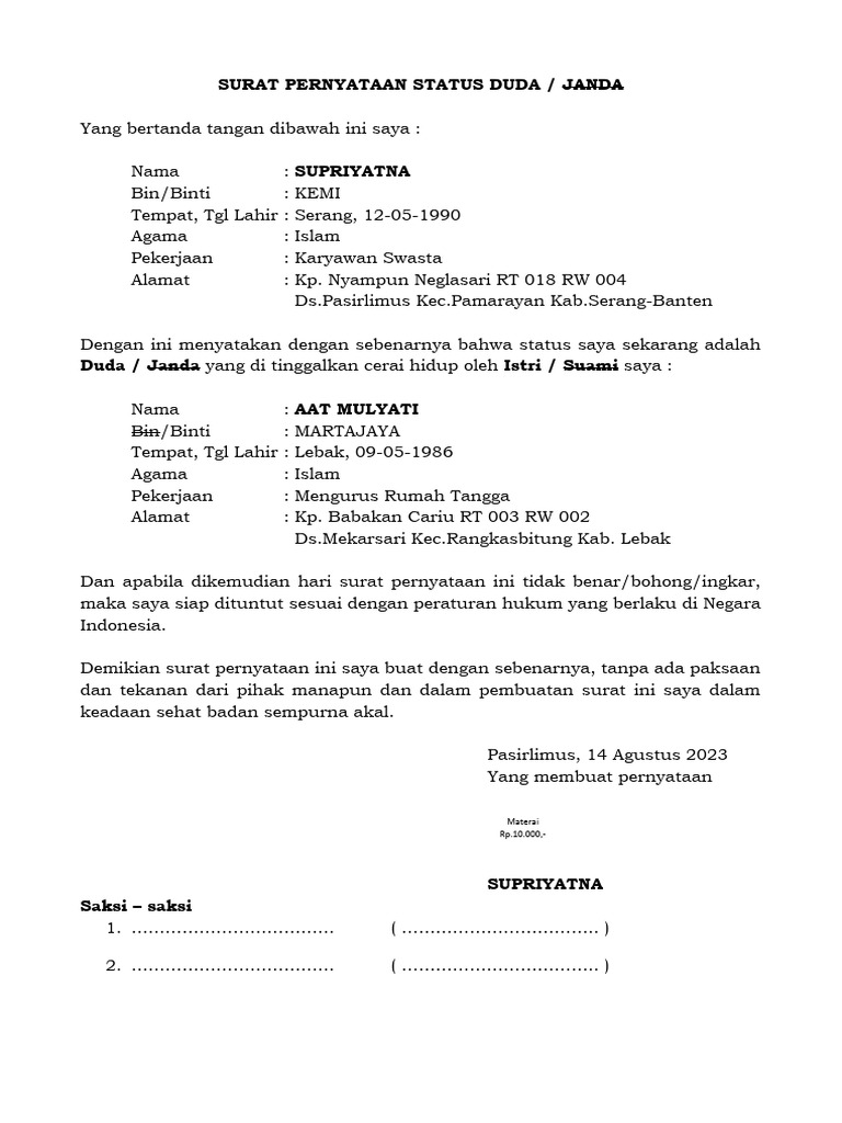 Surat Pernyataan Dan Keterangan Status Duda - Janda | PDF