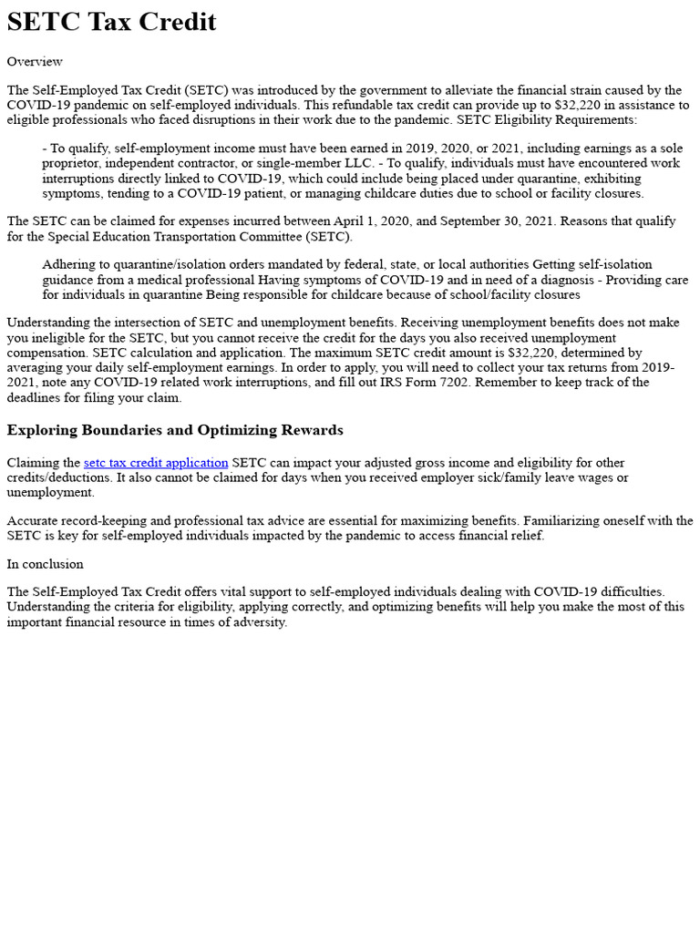 SETC Tax Credit Origin 187053 | PDF | Self Employment | Small Business & Entrepreneurs