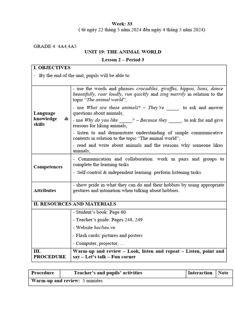 Grade 4 Animal World Lesson Plan Pdf Stress Linguistics Teachers