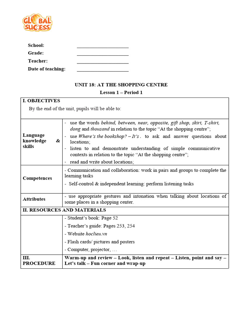 KHBD TIẾNG ANH 4 GLOBAL SUCCESS THEO CV 2345 WORD Unit 18 | PDF | Question | Teachers