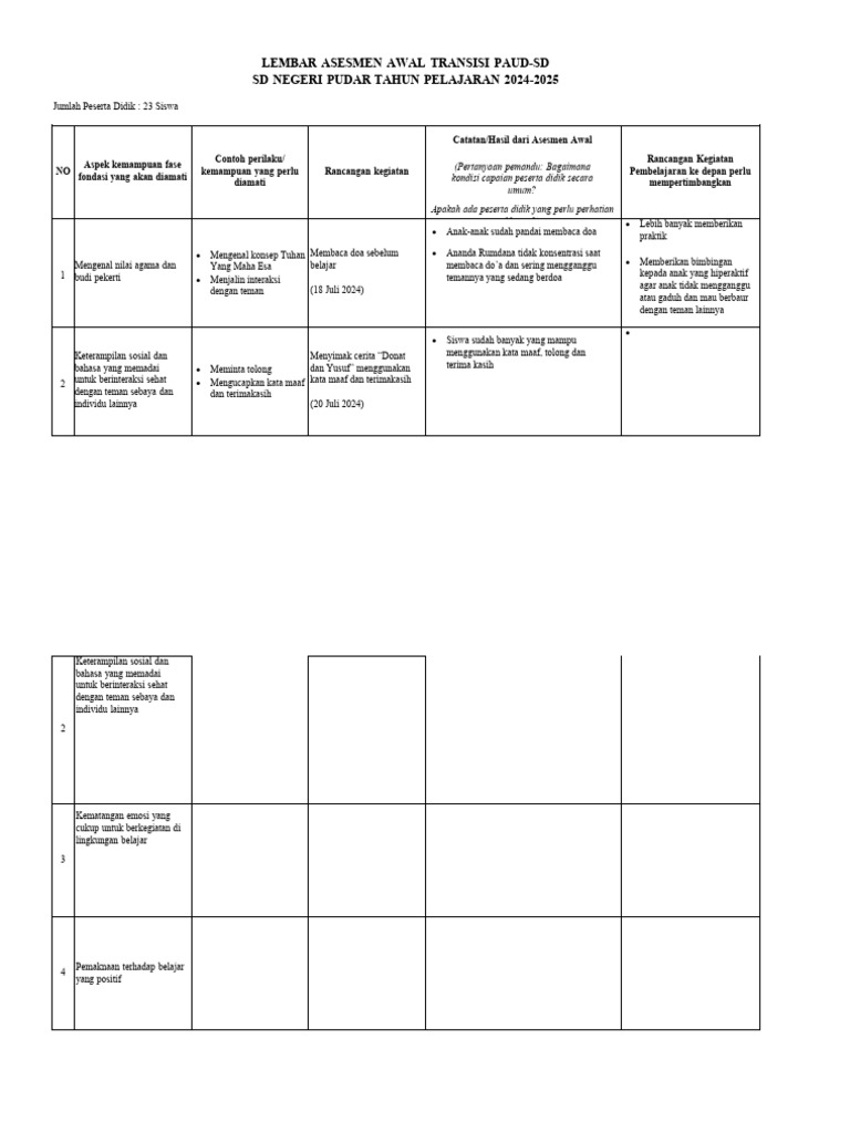 Lembar Asesmen Awal Transisi Paud | PDF