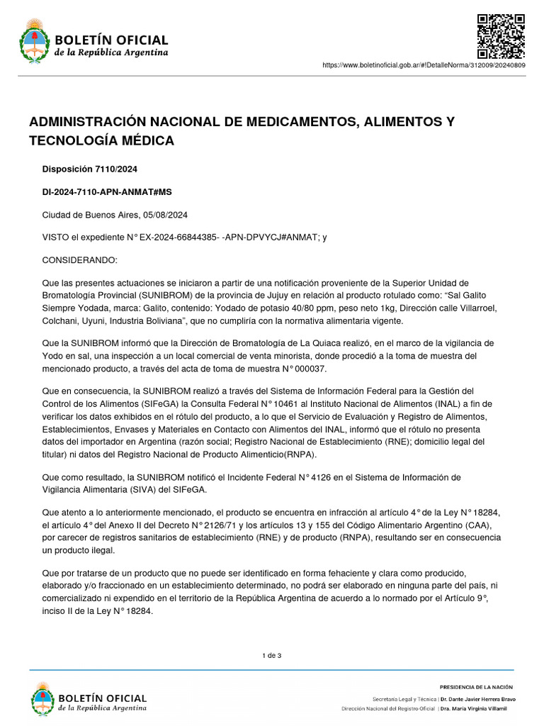 Prohibición de Sal Galito en Argentina | PDF | Alimentos