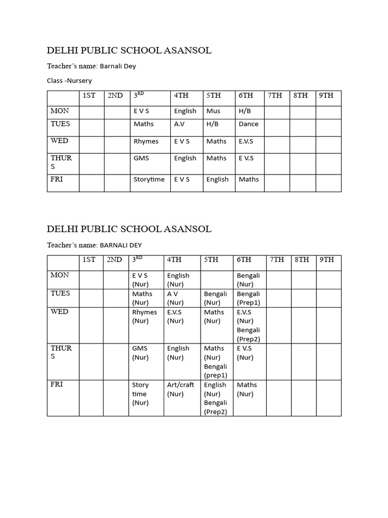 Teacher's Time Table Format-1-1 | PDF