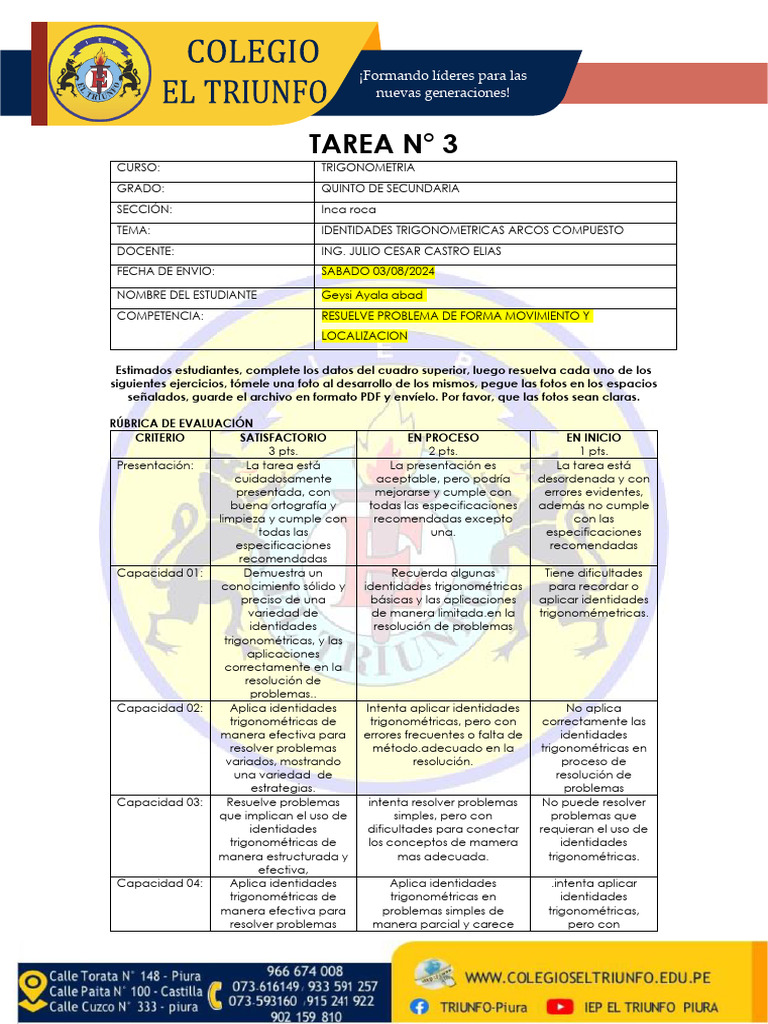 Tarea N°3 Identidades Angulos Compuesto Quinto II Trimestre | PDF | Trigonometría | Geometría