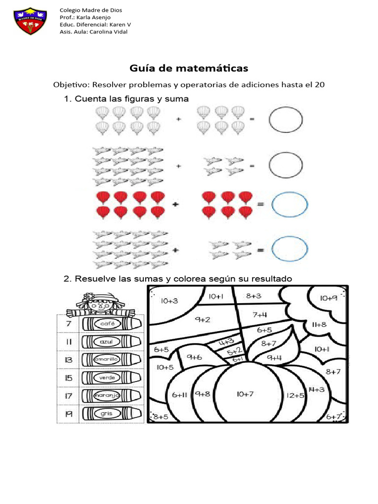Sumas hasta 20: Guía de Matemáticas | PDF