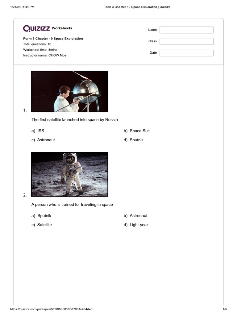 Form 3 Space Exploration Quiz | PDF | Space Exploration | Spacecraft