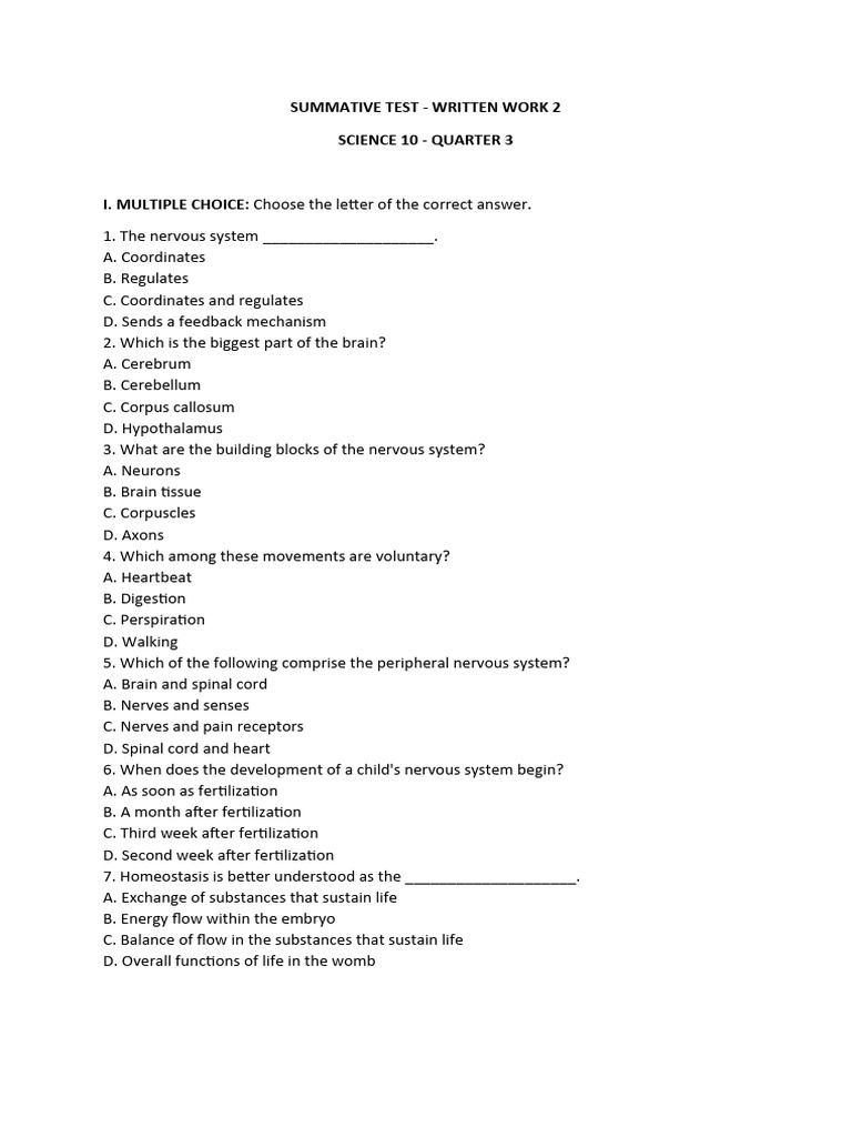 Summative Test No. 2 Q3M3 1 | PDF | Nervous System | Central Nervous System