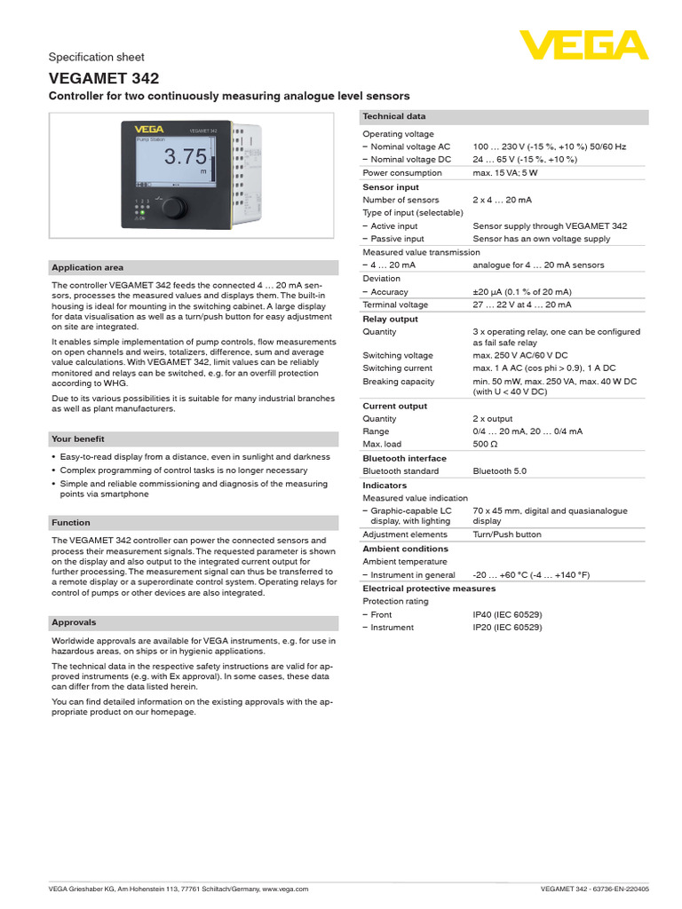 EN Specification Sheet VEGAMET 342 | PDF | Relay | Voltage