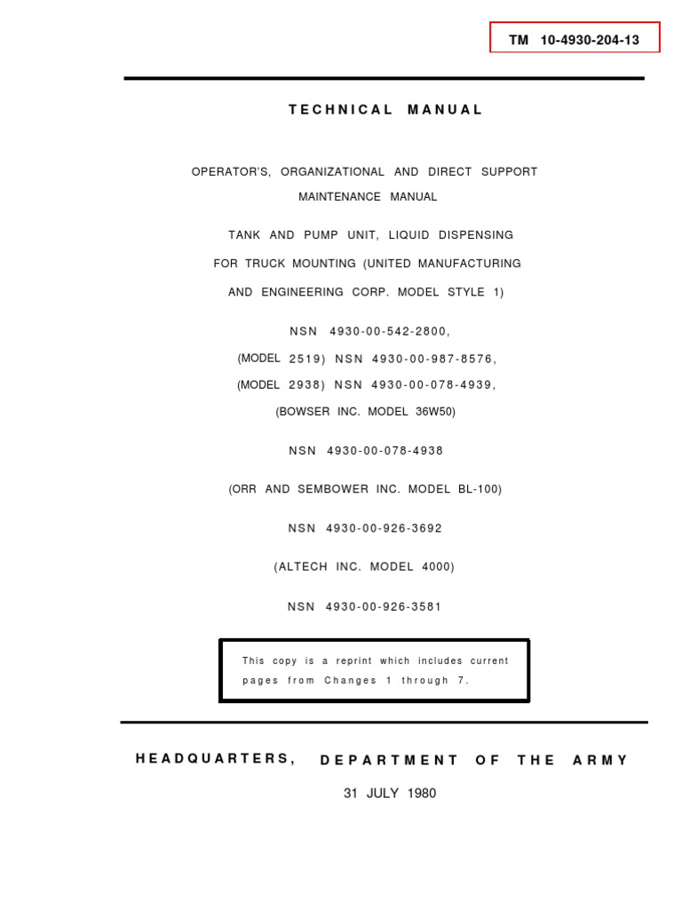 TM 10-4930-204-13 Tank and Pump Unit Liquid Dispensing For Truck ...