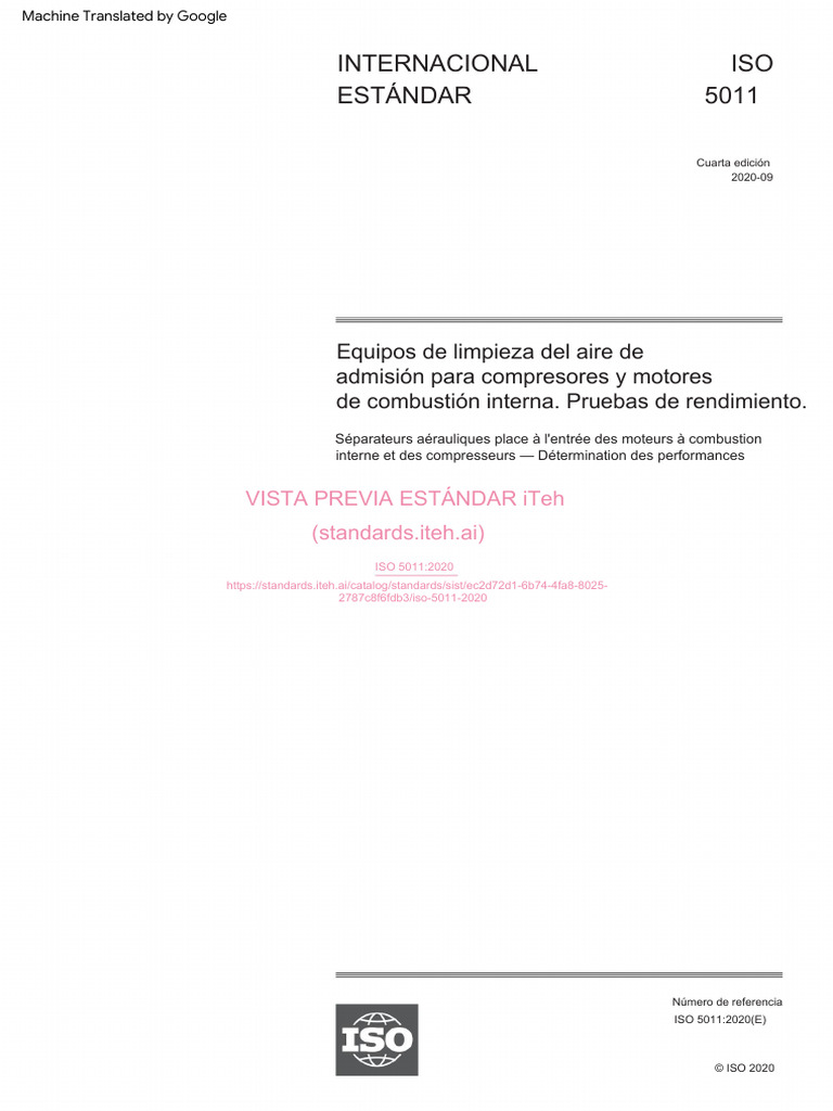 ISO-5011-2020 Equipos de Limpieza Del Aire de Admisión para Compresores y Motores de Combustión ...