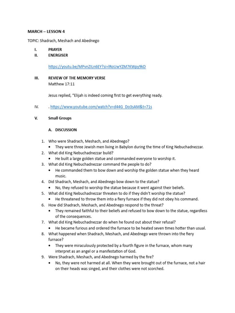 Lesson 4 - Shadrach, Meshach and Abednego | PDF | Shadrach, Meshach ...