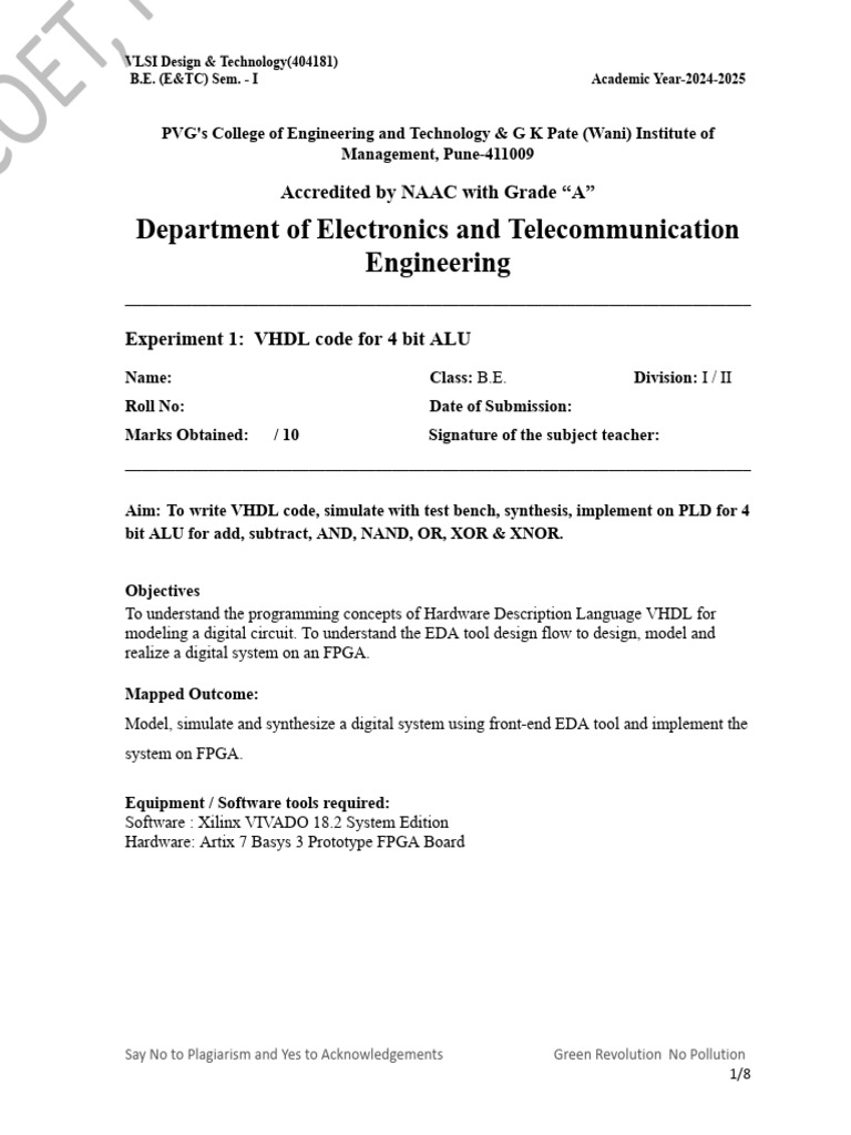Experiment1 - VHDL Code For ALU-2024-25 | PDF | Vhdl | Field ...