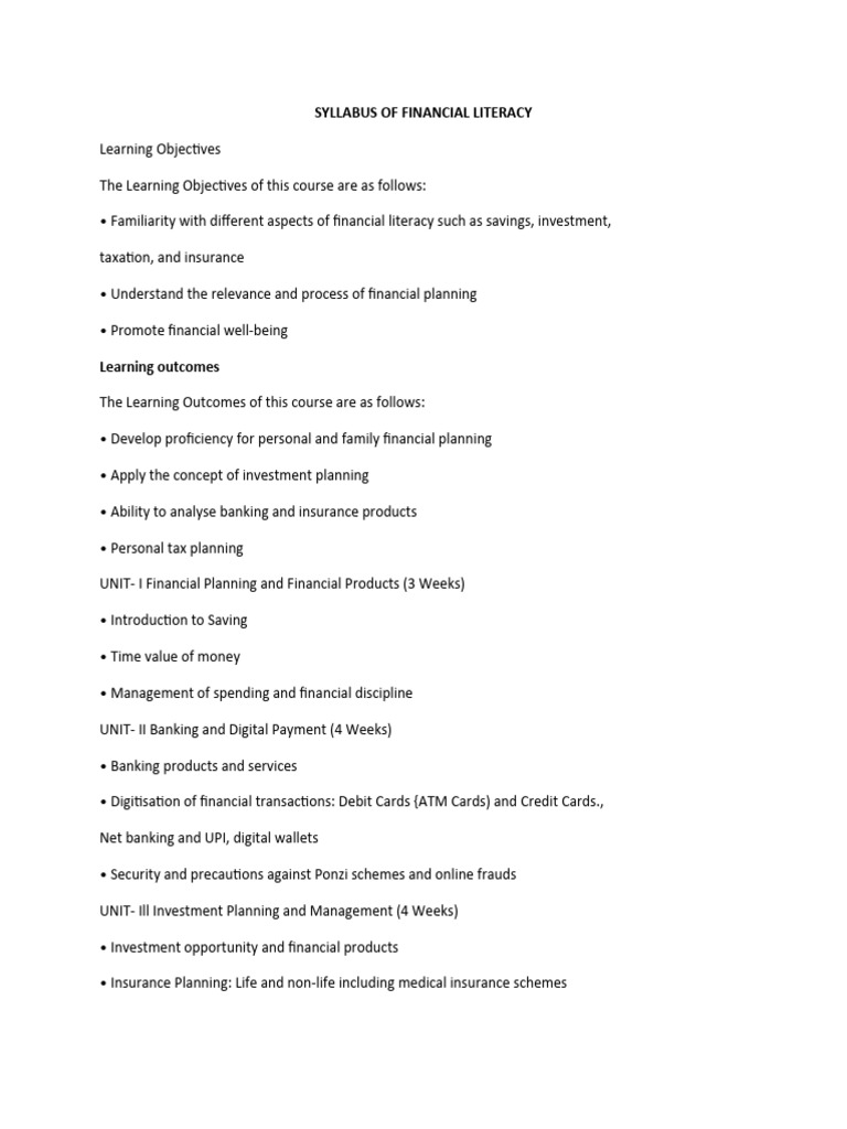 Syllabus of Financial Literacy | PDF | Cost Of Capital | Investing