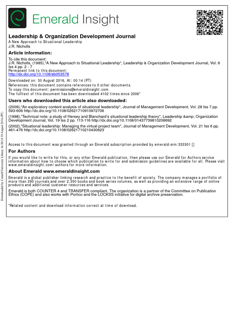 Nicholls1985 - Leadership & Organization Development Journal | PDF | Leadership | Social Psychology
