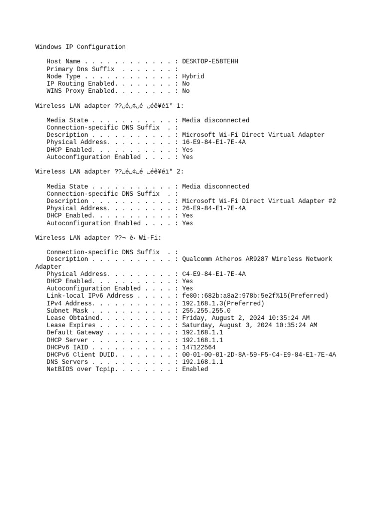 Host Ipconfig | PDF | Ip Address | Network Protocols