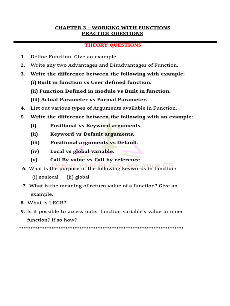 Function Practice Questions Pdf Parameter Computer Programming Scope Computer Science 