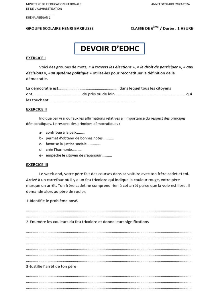 Devoir Edhc 6eme | PDF