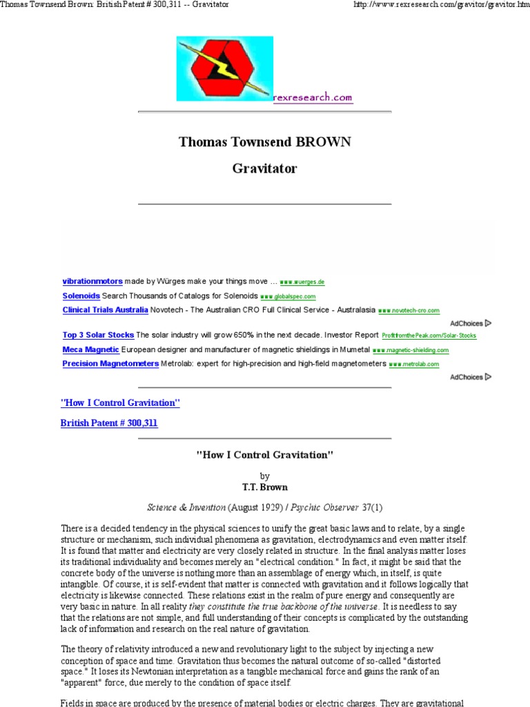 Thomas Townsend Brown - British Patent # 300,311 - Gravitator | PDF ...