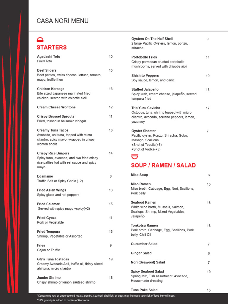 Casa Nori Sushi Bar Menu | PDF | Sushi | Food Ingredients