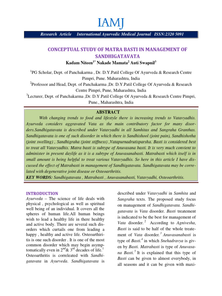Matra Basti for Sandhigatavata Management | PDF | Ayurveda | Medicine