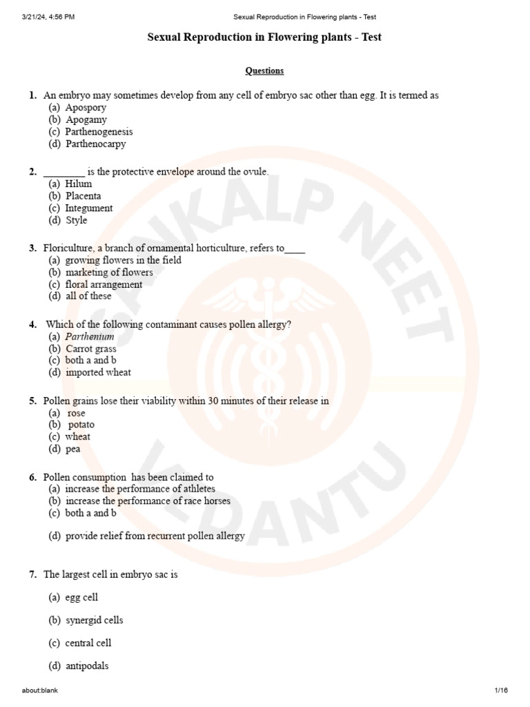 18 April 2024 - Practice Questions - NEET 2024 | PDF | Plants ...