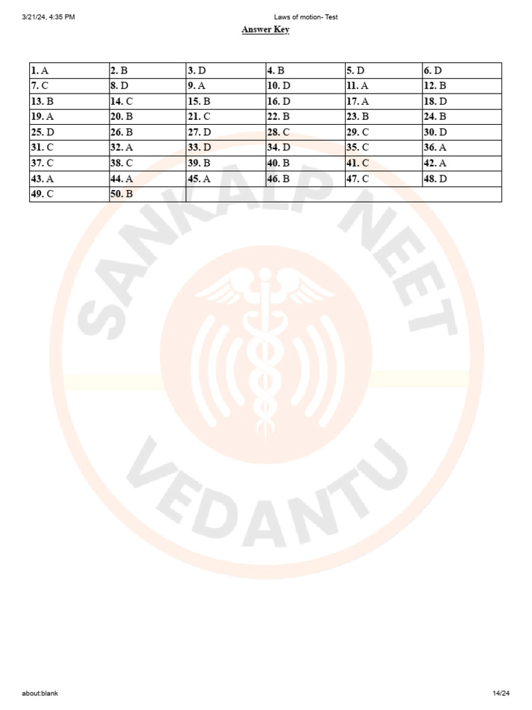 Laws of Motion Test Answer Key | PDF | Force | Potential Energy