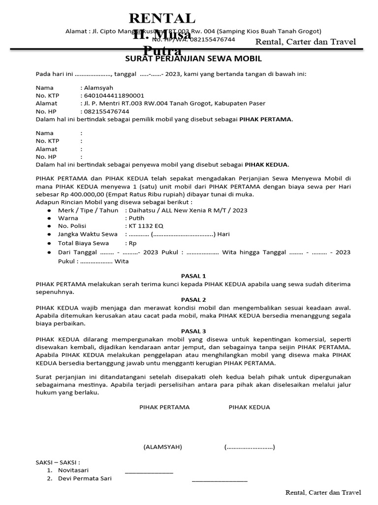 Contoh Surat Perjanjian Sewa Mobil Perorangan | PDF
