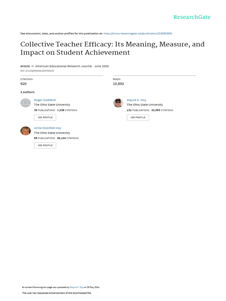Collective Teacher Efficacy: Its Meaning, Measure, and Impact On ... Collective Teacher Efficacy: Its Meaning, Measure, and Impact On ...