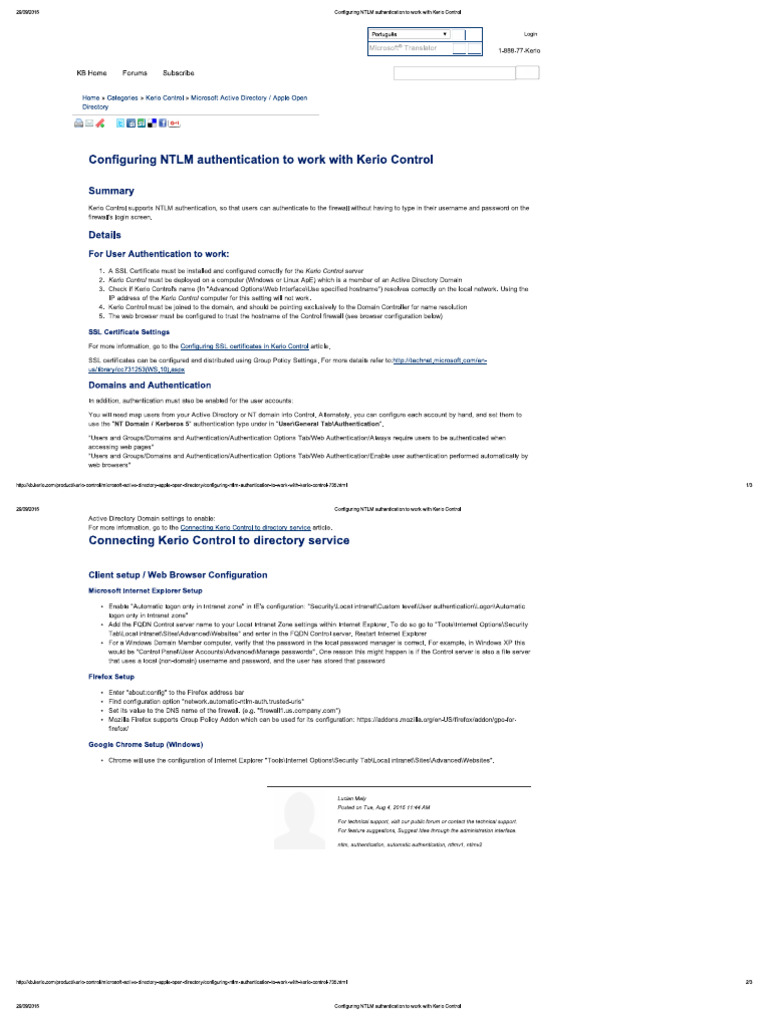 Configuring NTLM Authentication To Work With Kerio Control | PDF