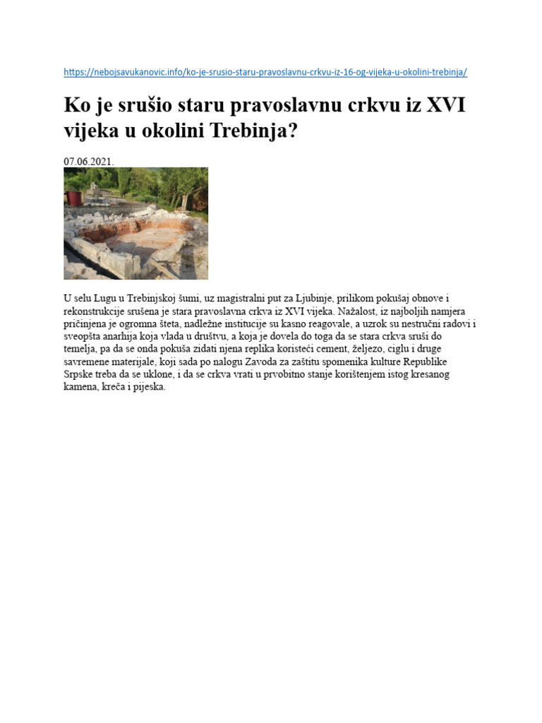 Ko Je Srušio Staru Pravoslavnu Crkvu Iz XVI Vijeka U Okolini Trebinja | PDF