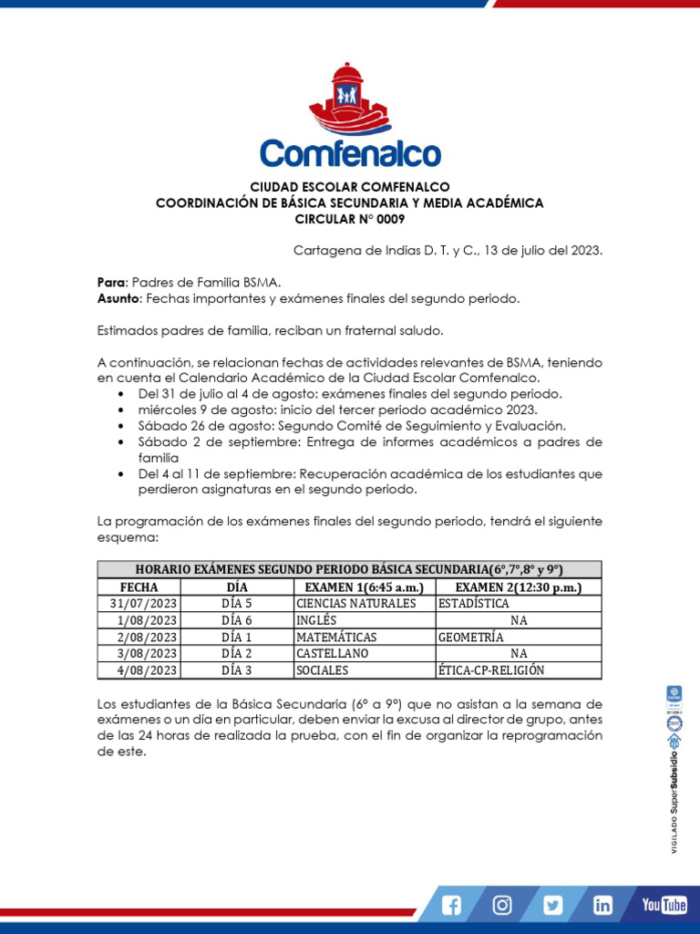 Circular 009 Informativa Examenes Finales 2 Periodo | PDF | Ciencias sociales | Estudios de ...