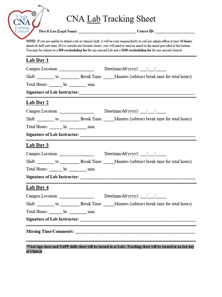 CNA Lab and Clinical Tracking Sheet | PDF