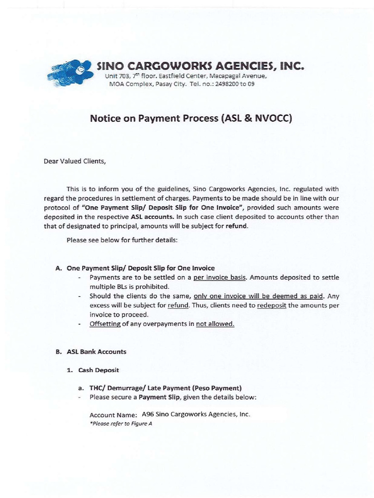Notice On Payment Process (ASL & Other NVOCCs) - Revised | PDF